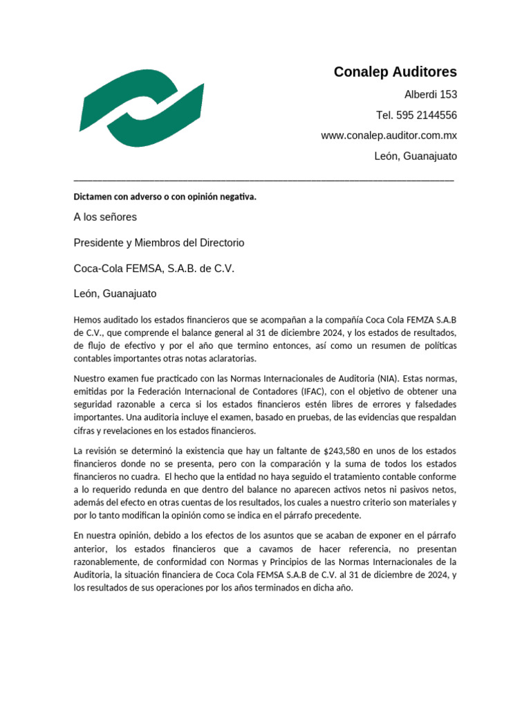 Dictamen Adverso de Auditoría Coca-Cola FEMSA | PDF