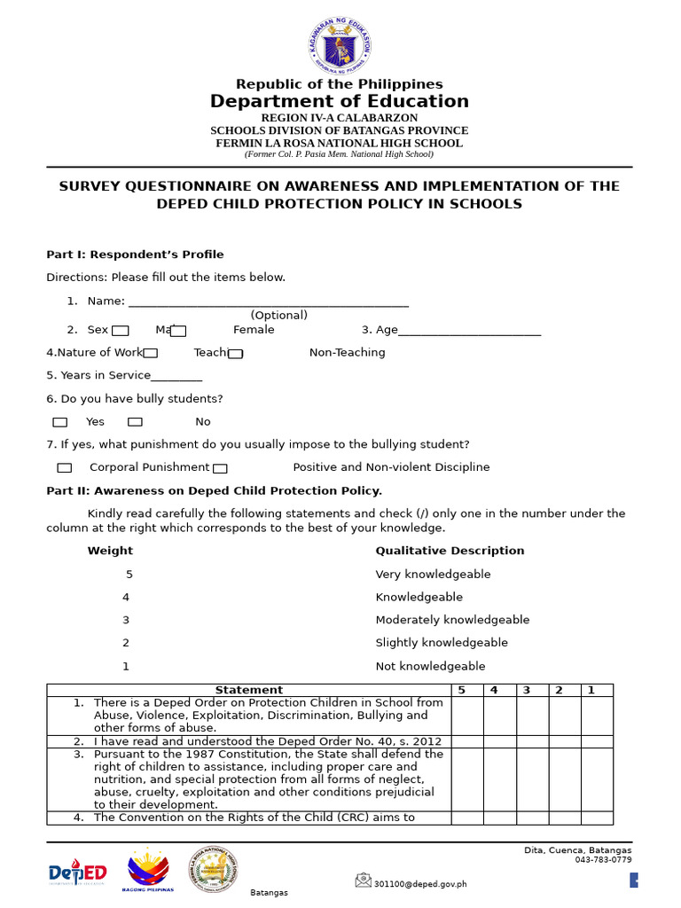 CPP - Survey Questionnare | PDF | Child Abuse | Violence