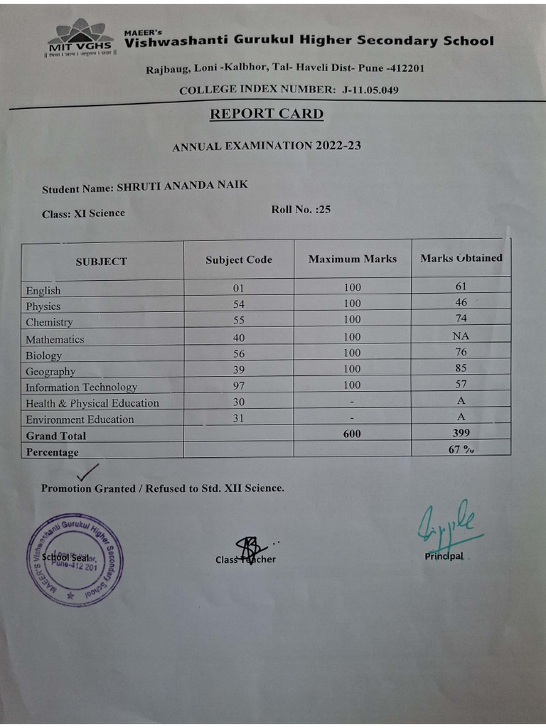 11th Marksheet | PDF