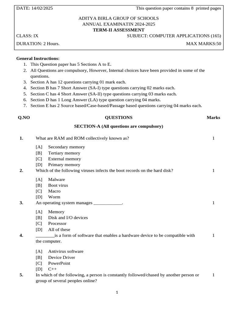 Ix Term-II Computer 2024-25 Qpaper | PDF | Cybercrime | Cloud Computing