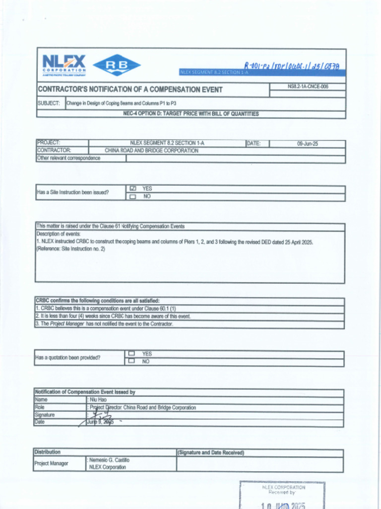 1-0578 CRBC-S8.2-1A-CNCE-006 Contractor's Notification of Compensation Event - Change in Design ...