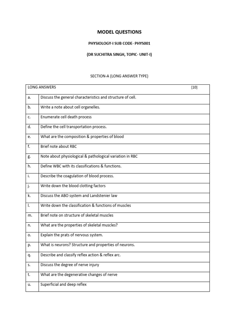 Physiology-I Model Questions by Dr. Singh | PDF