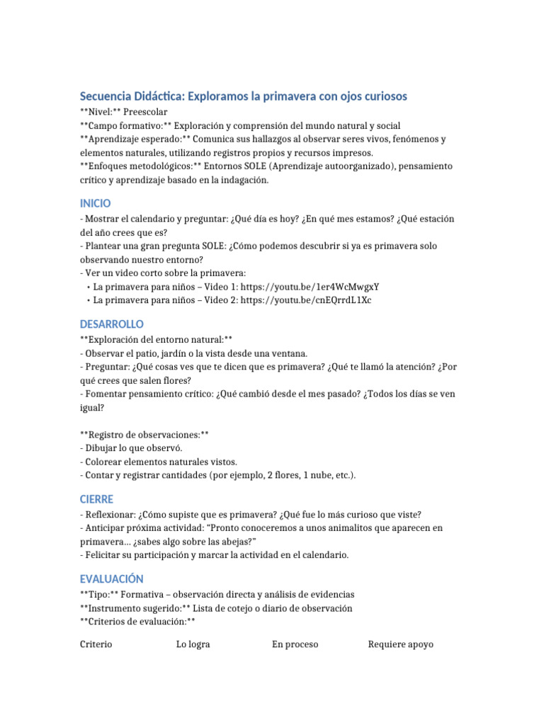Secuencia Didactica Primavera SOLE | PDF