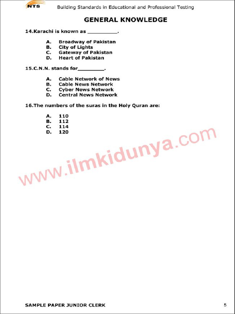 NTS Sample Past Papers Miscellaneous Junior Clerk General Knowledge | PDF