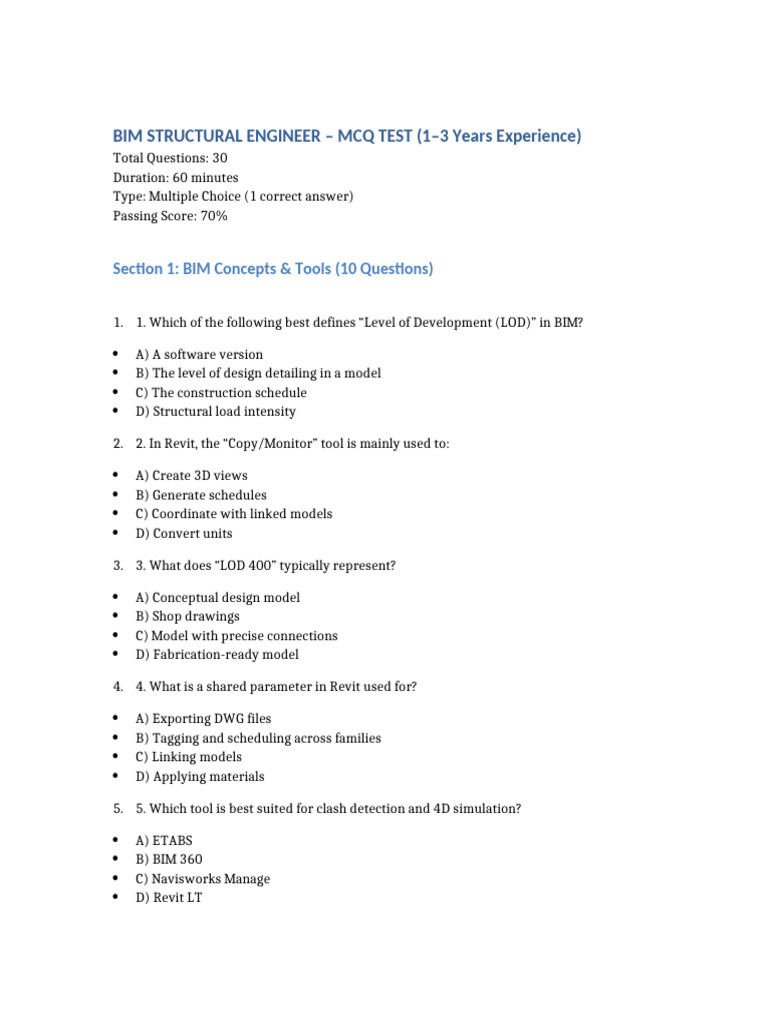 BIM Structural Engineer MCQ Test | PDF | Building Information Modeling ...