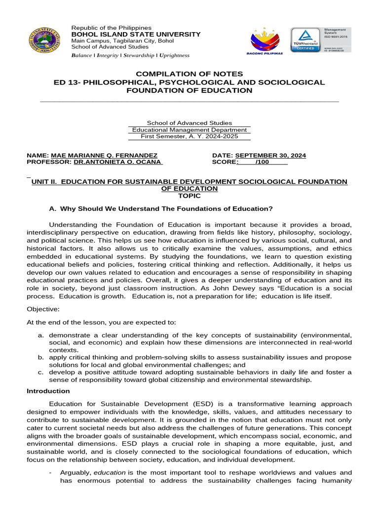 Unit Ii. Education For Sustainable Development Sociological Foundation of Education Topic | PDF ...
