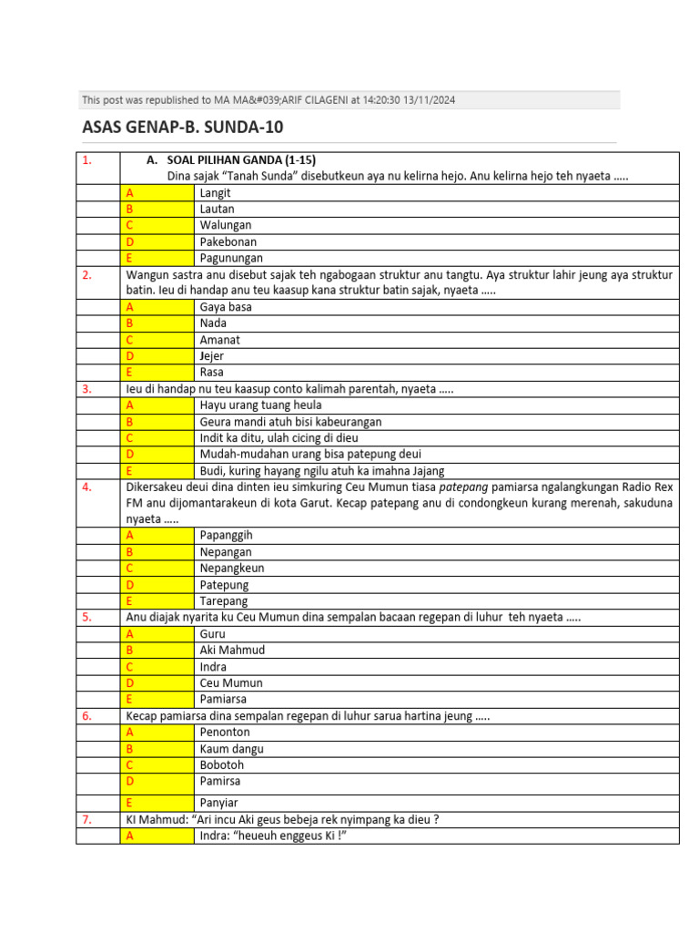 Template Soal PAT '25 Sunda X | PDF
