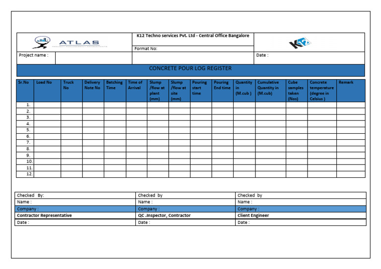 Concrete Pour Log Register Template | PDF