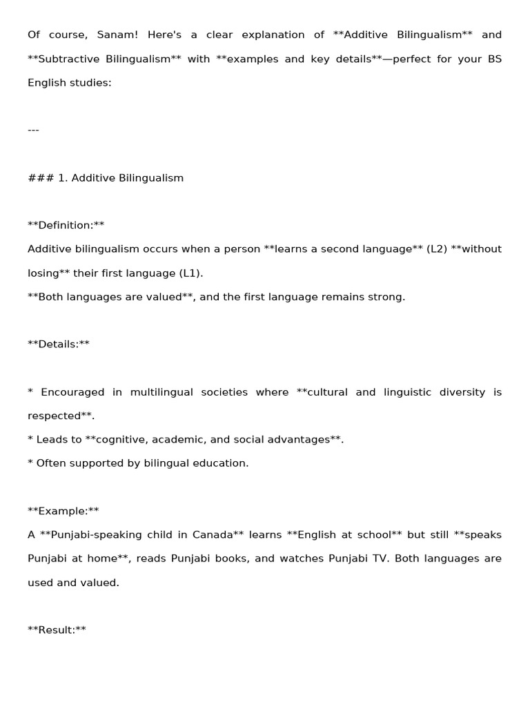 Additive Vs Subtractive Bilingualism | PDF | Multilingualism | First ...