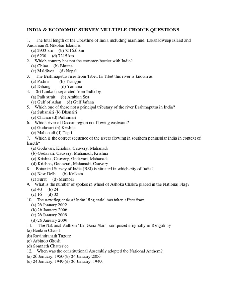 India & Economic Survey Multiple Choice Questions | PDF | Government Of ...