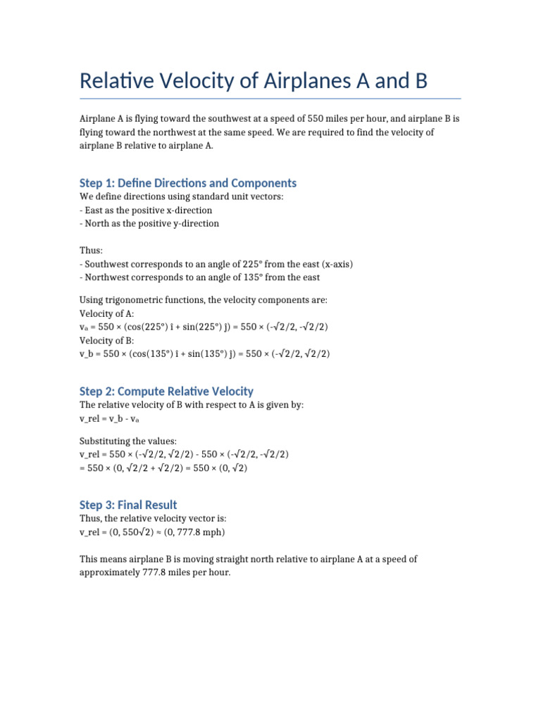 Relative Velocity of Airplanes A & B | PDF