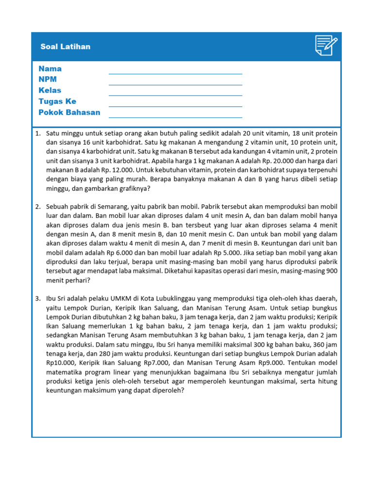 Tugas Pertemuan 11 - Penerapan Sistem Pertidaksamaan Linear Dua Variabel Dan Program Linear | PDF