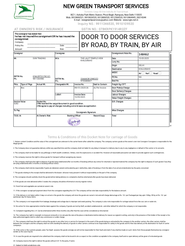 New Green Transport Services - LR Print (Khajuraho) | PDF | Cargo