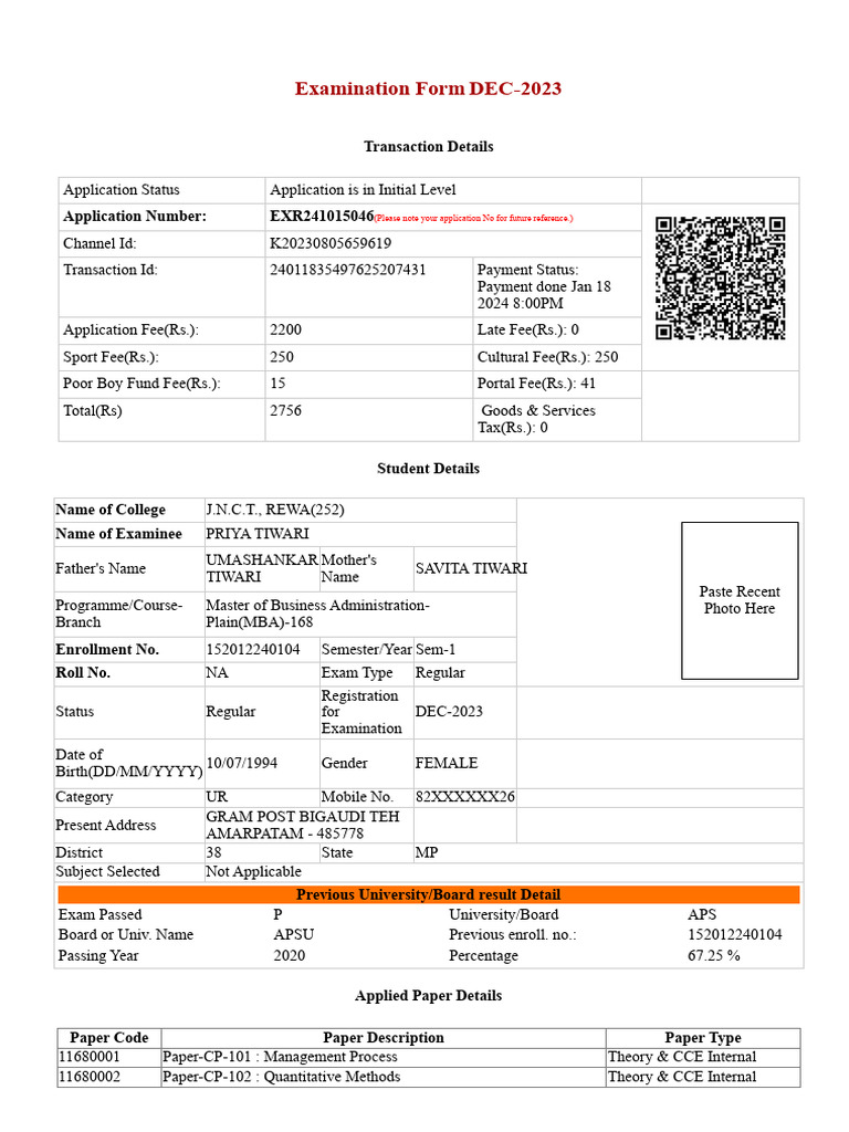 Priya Tiwari Exam Form | PDF