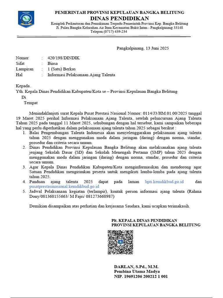 Pelaksanaan Ajang Talenta SMP 2025 | PDF