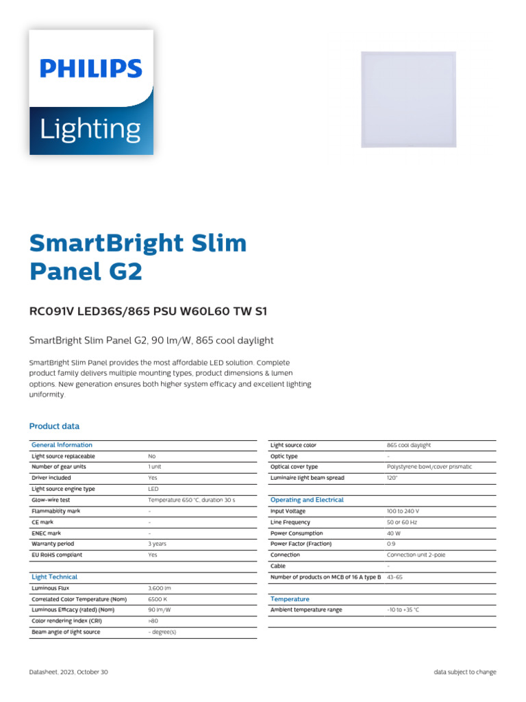 SmartBright Slim Panel G2 LED 3600lm | PDF | Lighting | Light Emitting ...