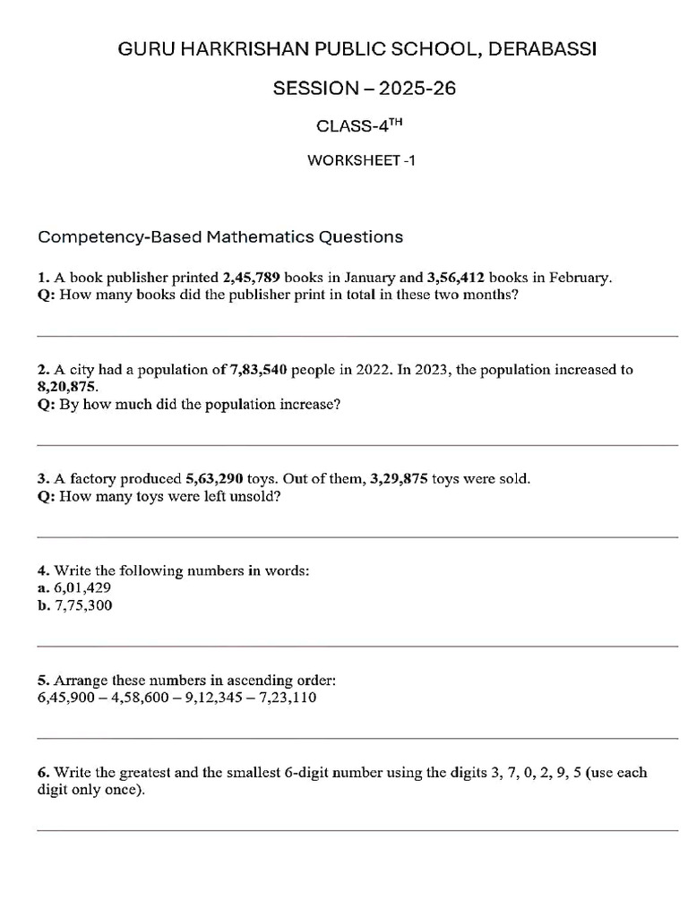 Class 4th Maths Worksheet 1 | PDF