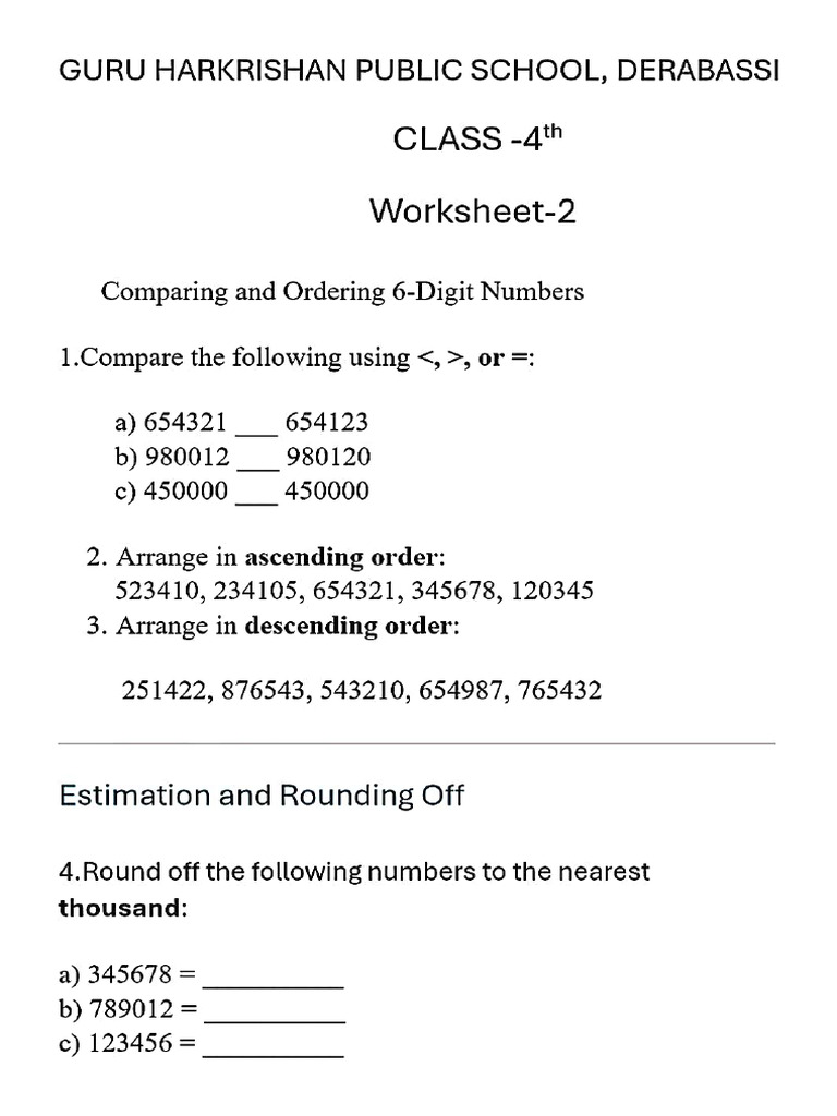 Class 4th, Maths Worksheet 2 | PDF