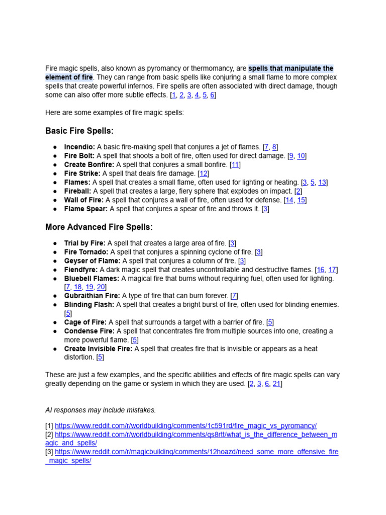 Fire Magic Spells and Their Uses | PDF | Fires | Combustion