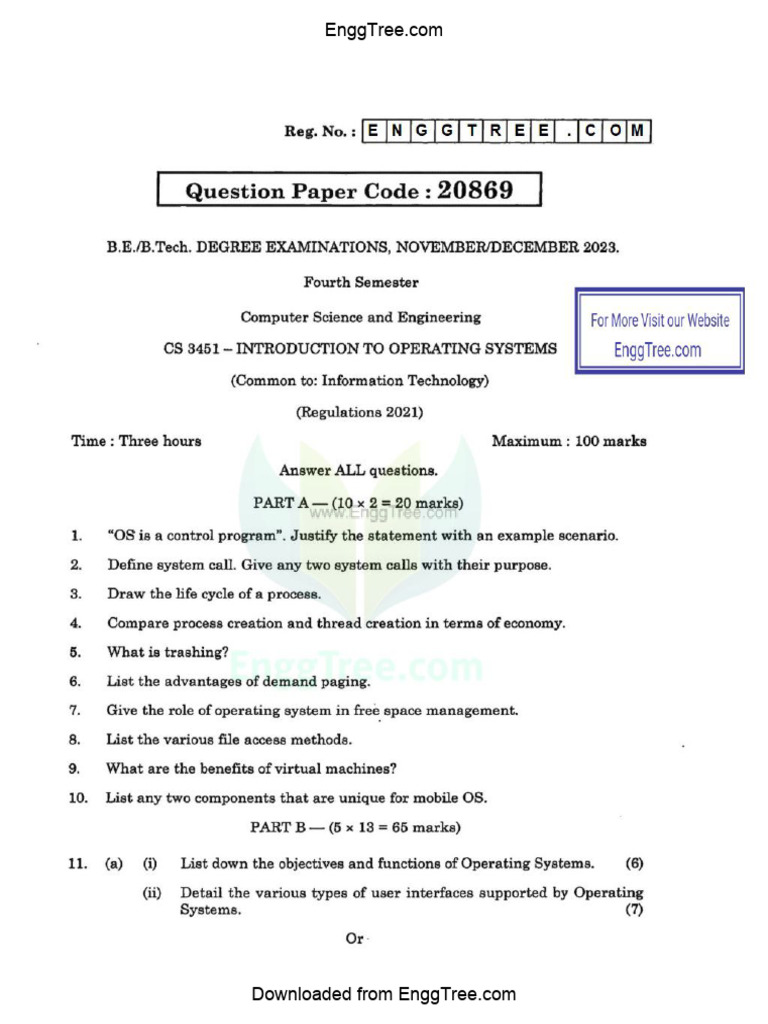CS3451 Introduction To Operating Systems Nov Dec 2023 Question Paper Download | PDF