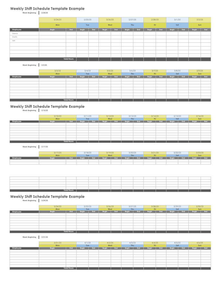Weekly Shift Schedule Template 2025 | PDF