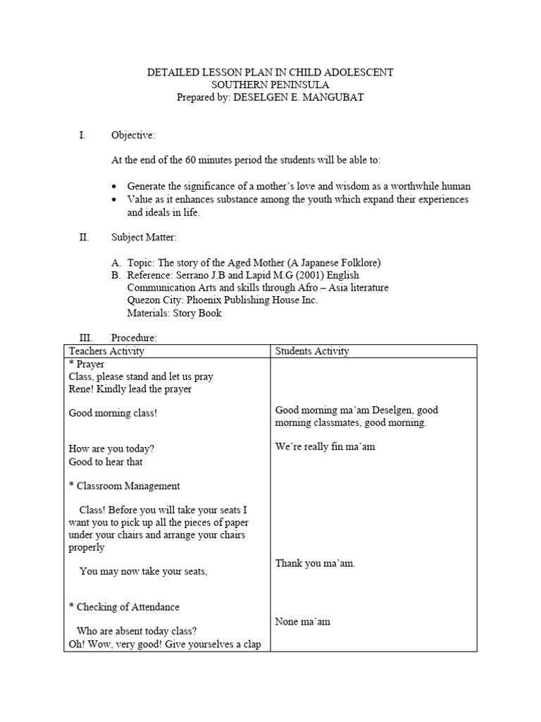 Detailed Lesson Plan in Child Adolescent | PDF
