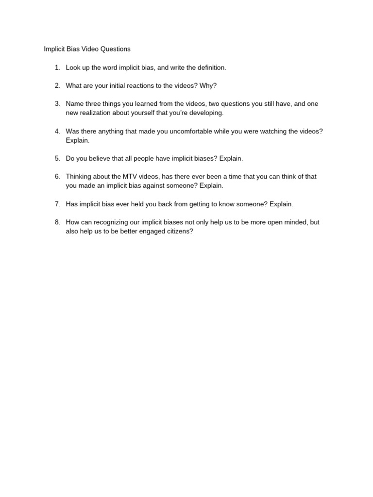 Implicit Bias Video Questions | PDF