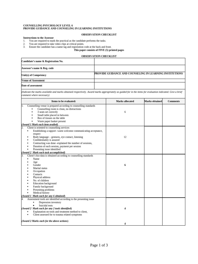 Observation Checklist Provide Counselling Services Final | PDF ...