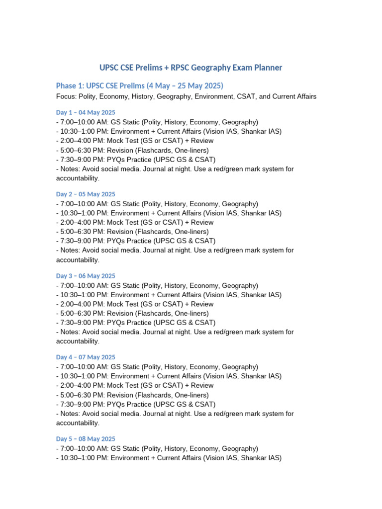 IAS Study Timetable for UPSC & RPSC | PDF | Standardized Tests ...