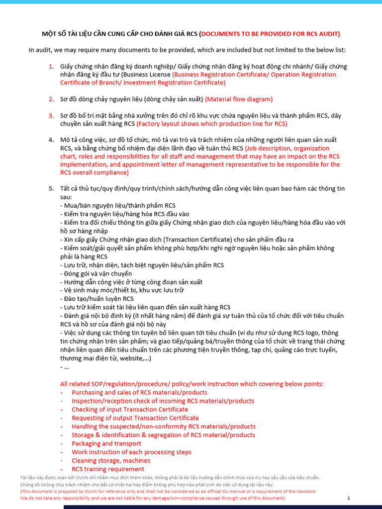 Documents To Be Provided For Rcs Audit - 30 Oct 2022 | PDF