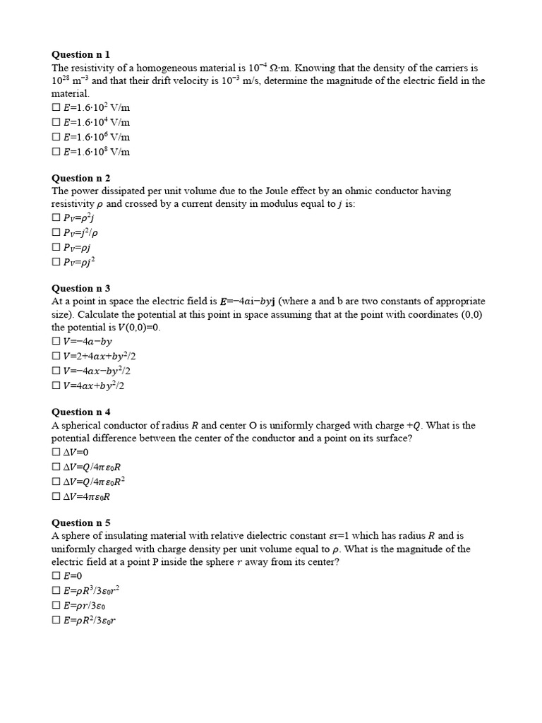 Physics II New Questions Whitout Solutions Part I | PDF | Electric ...