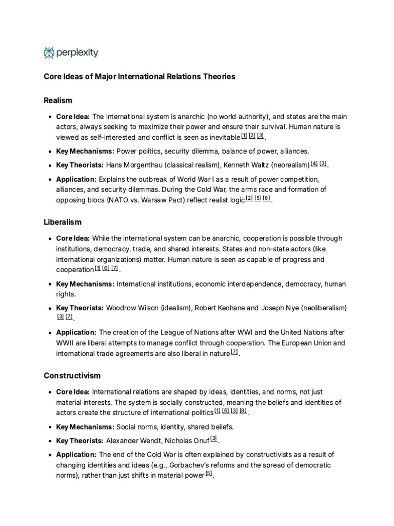 Core Ideas of Major International Relations Theori | PDF | Scientific ...