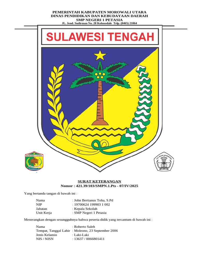 Surat Keterangan Lulus SMP Petasia | PDF