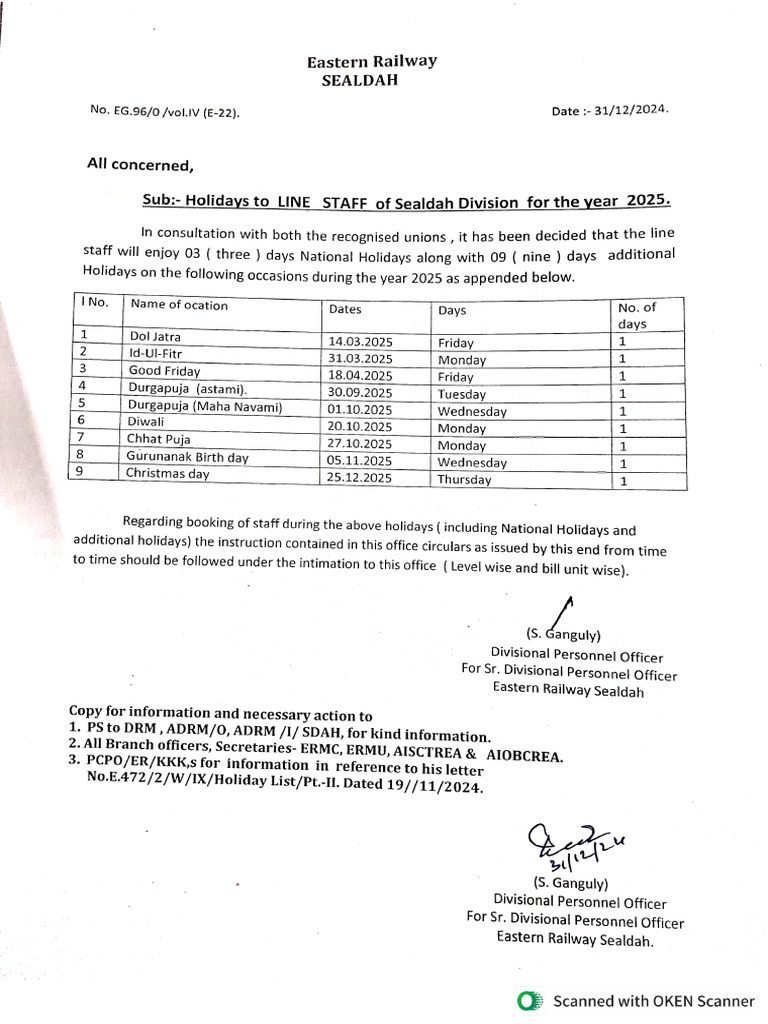 Holiday List For Line Staff 2025 | PDF