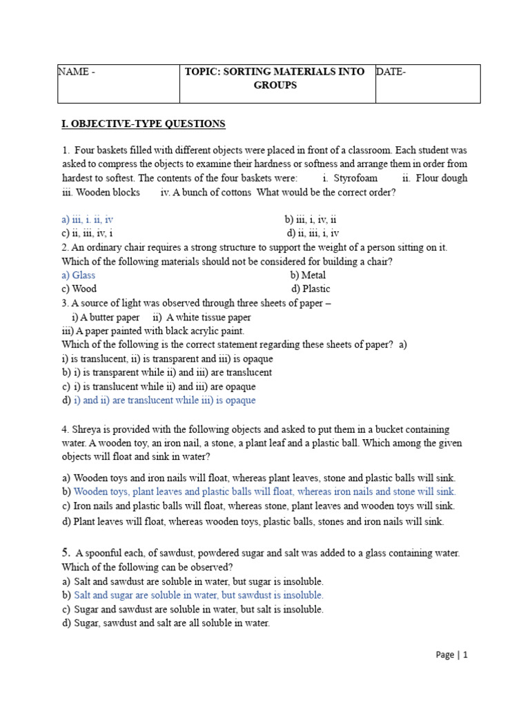 Class 6 Material Sorting MCQs and Answers | PDF | Matter | Solubility