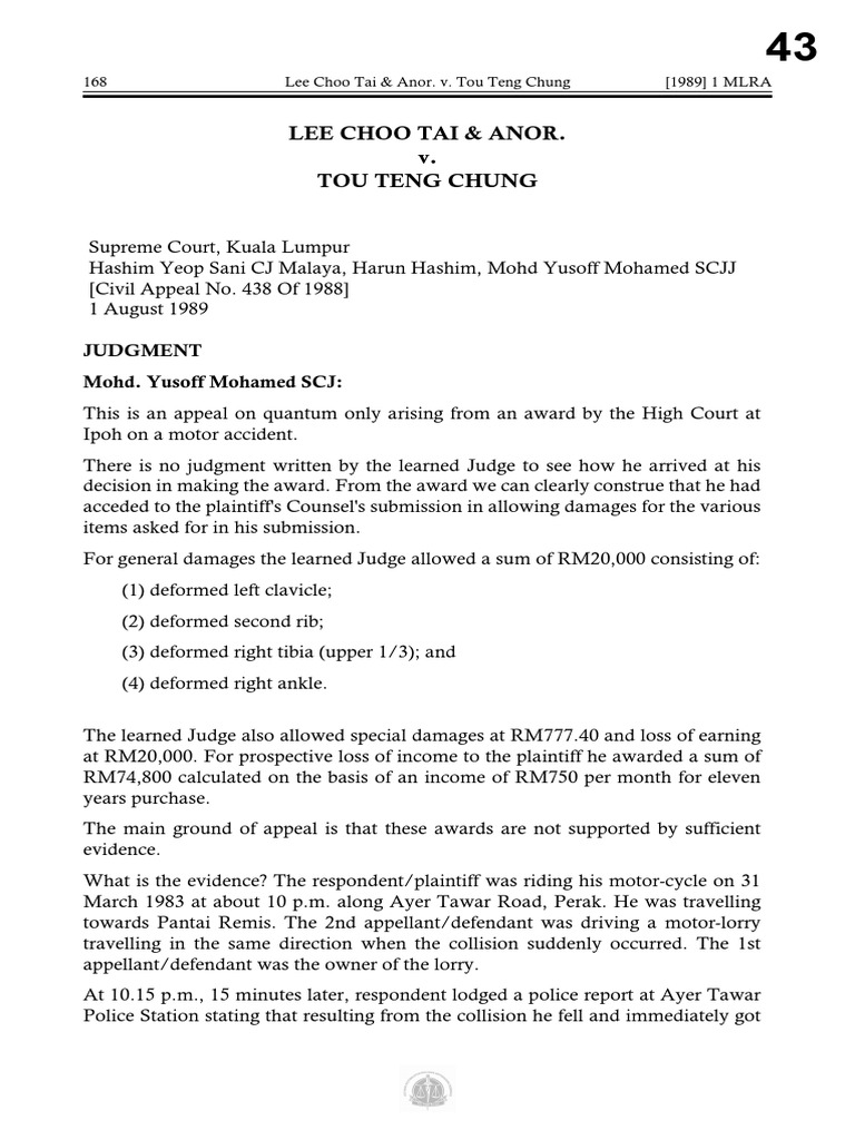 (N) Lee Choo Tai V Tou Teng Chung (1989) 1 MLRA 168 | PDF | Court Of ...