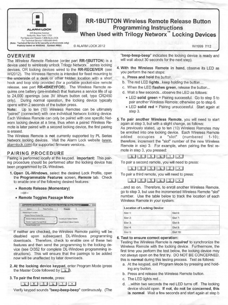 How To Pair-Program Trilogy Lock Remote 2 | PDF