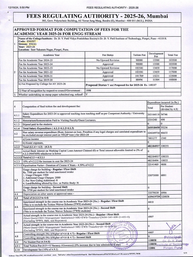 Fees Proposal 2024 25 Fees Computation Sheet B.E. M.E. MBA | PDF