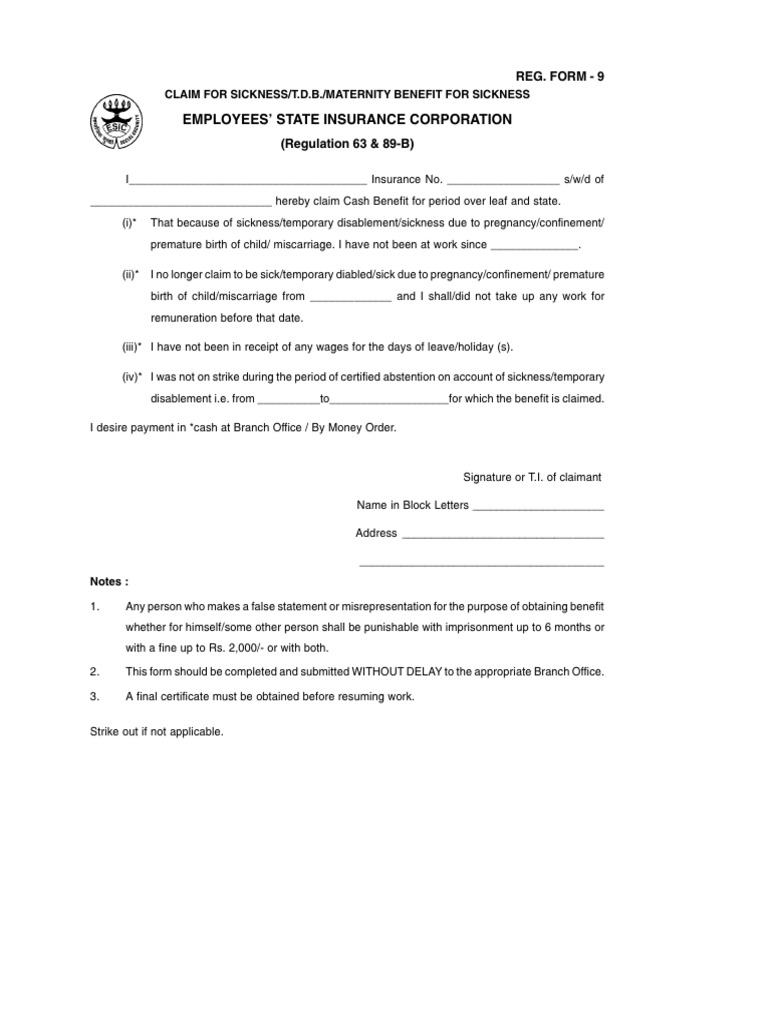 Form 9 - Claim For MB | PDF