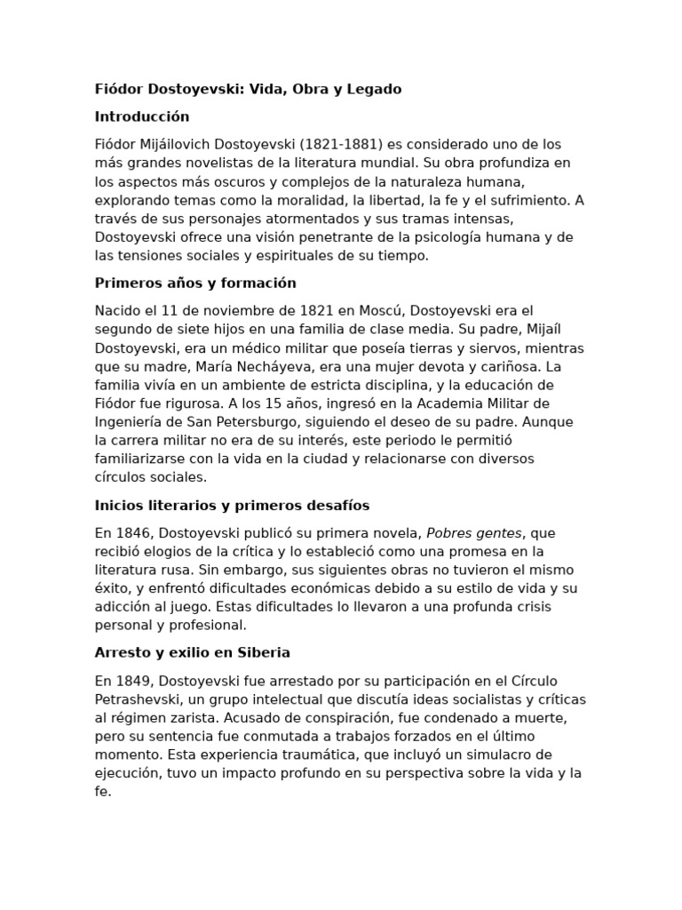 Biografía de Fiódor Dostoyevski | PDF | Educación en artes liberales