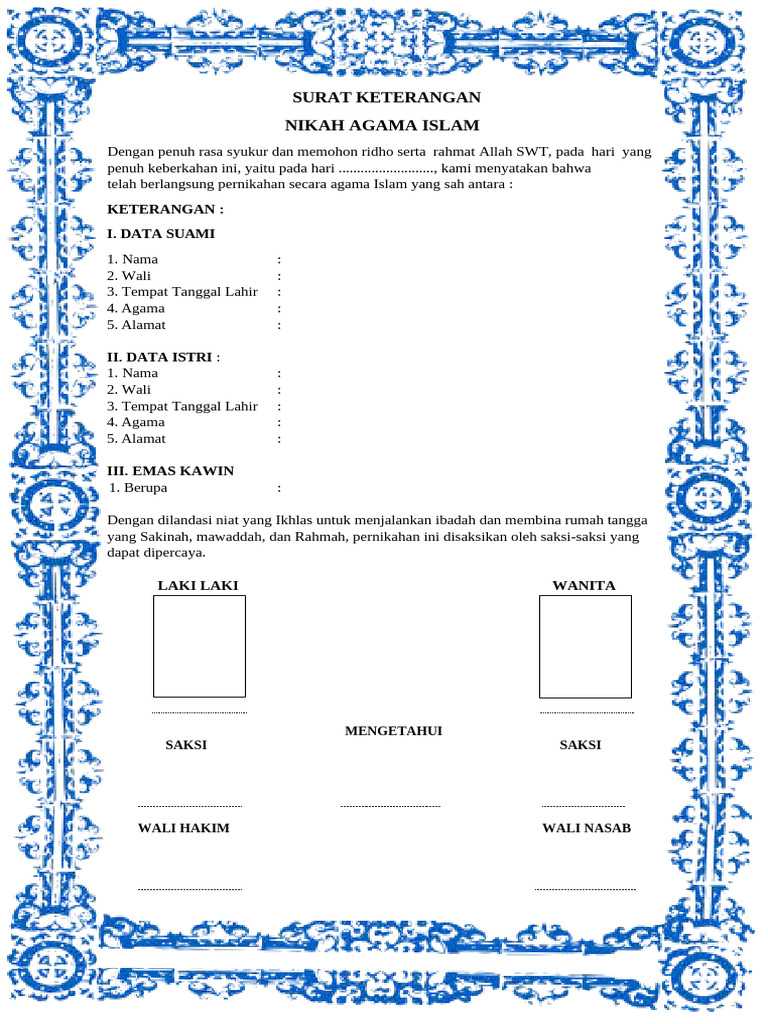 Surat Keterangan Nikah Agama Islam | PDF