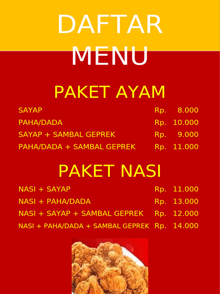 Daftar Menu Ayam Sebelah | PDF