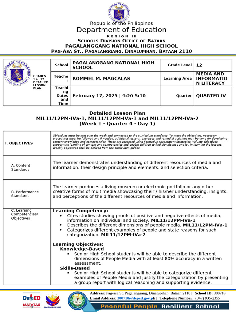 Detailed Lesson Plan For Mil q4-w1-t1-d1 | PDF | Augmented Reality | Virtual Reality