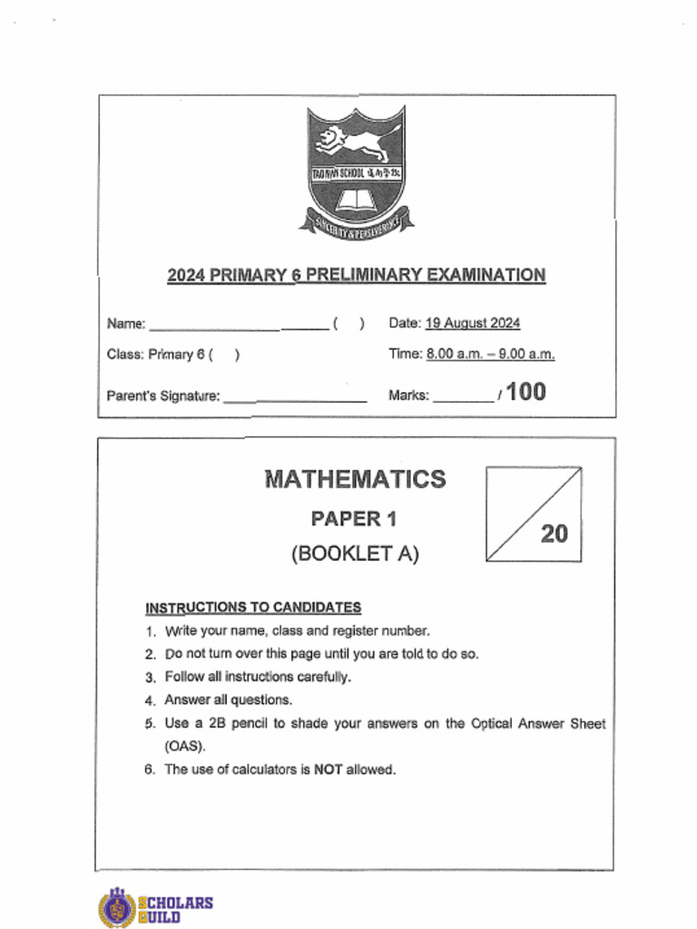 2024 P6 Maths Prelim Exam Tao Nan | PDF