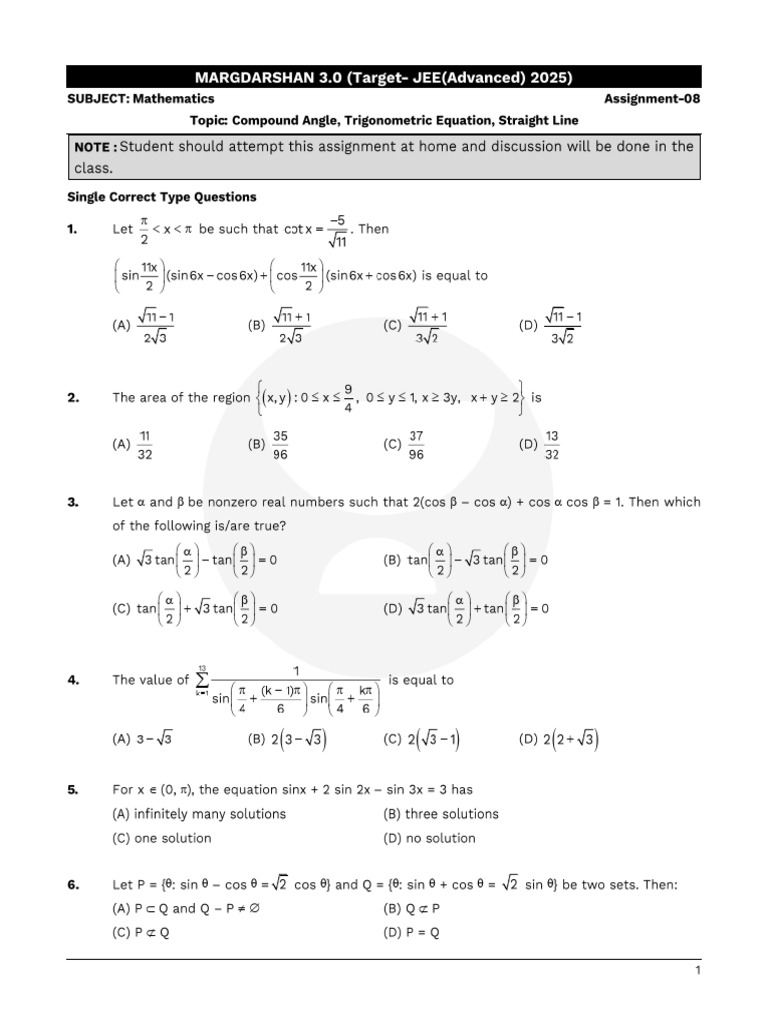 Assignment-8 Compound Angle, Trigonometric Equation, Straight Line ...