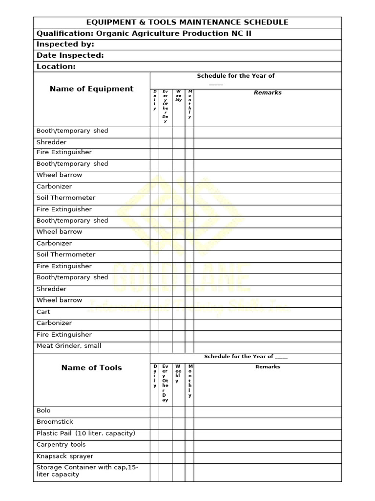 OAP II Maintenance Schedule | PDF | Farming Tools