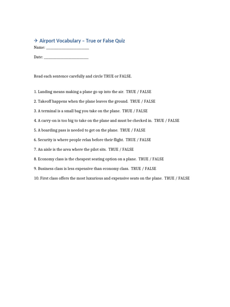 Airport Vocabulary True/False Quiz | PDF