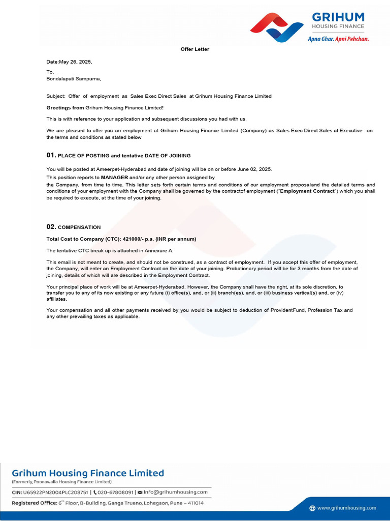 Grihum Housing Finance Job Offer Letter | PDF | Business