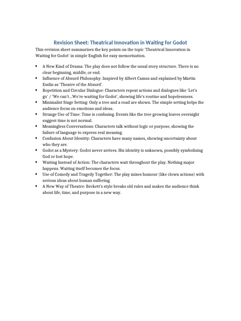 Revision Sheet Waiting For Godot | PDF