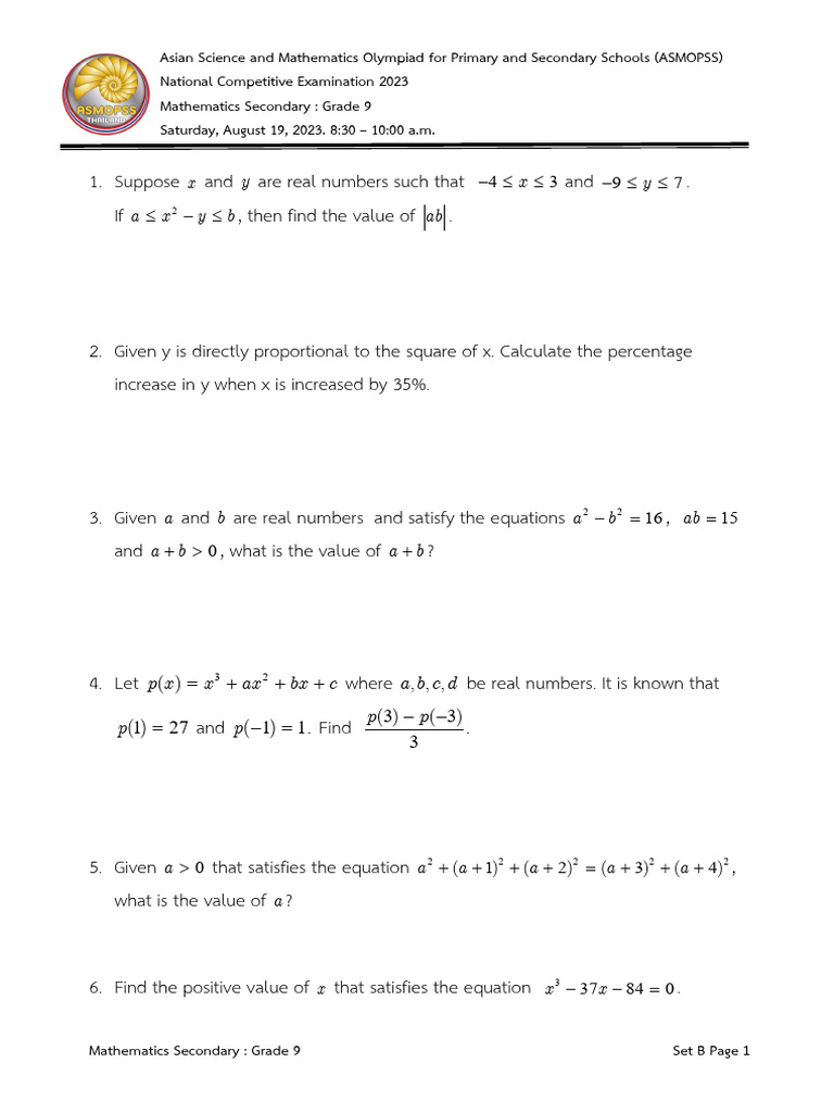 ข้อสอบคณิตศาสตร์ ASMOPSS 2023 ม.3 ชุด B | PDF | Equations | Mathematics